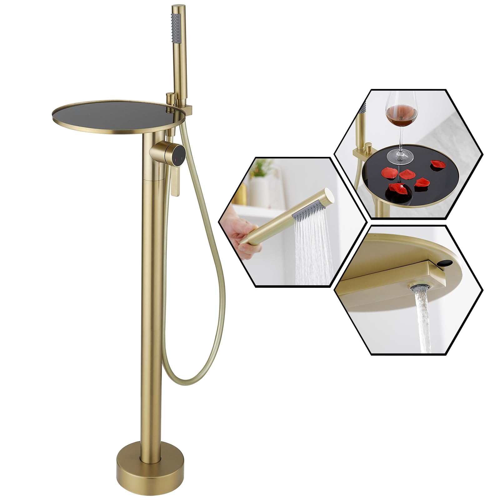 BATHLAVISH Freestanding Bathtub Faucet Brushed Gold with Storage Shelf ...