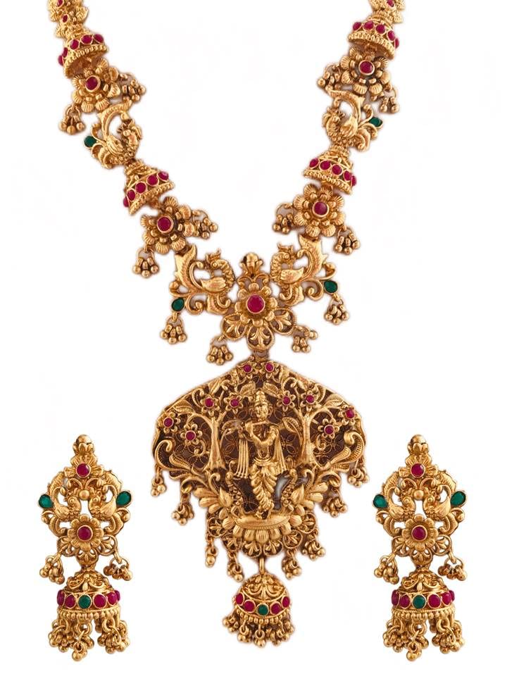 Buy Sattyaki Gold-Plated Traditional Goddess Krishna Temple Jewellery Bridal Set with Ruby Green ...