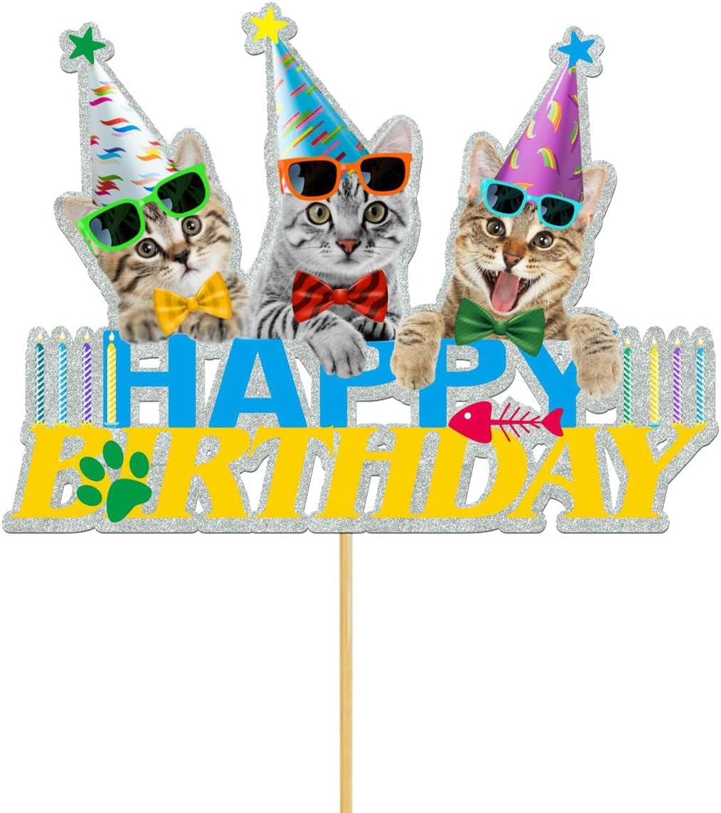 Amazon.com: Cats Happy Birthday Cake Topper, Colorful Glitter Cartoon ...