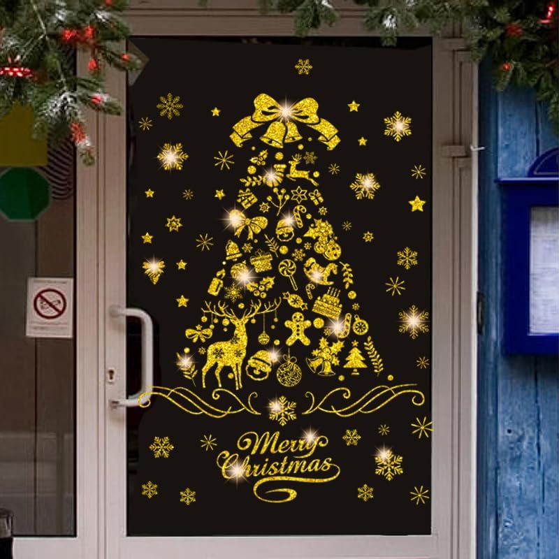 Amazon.com: Christmas Tree Window Stickers, Golden Sparkling Christmas ...