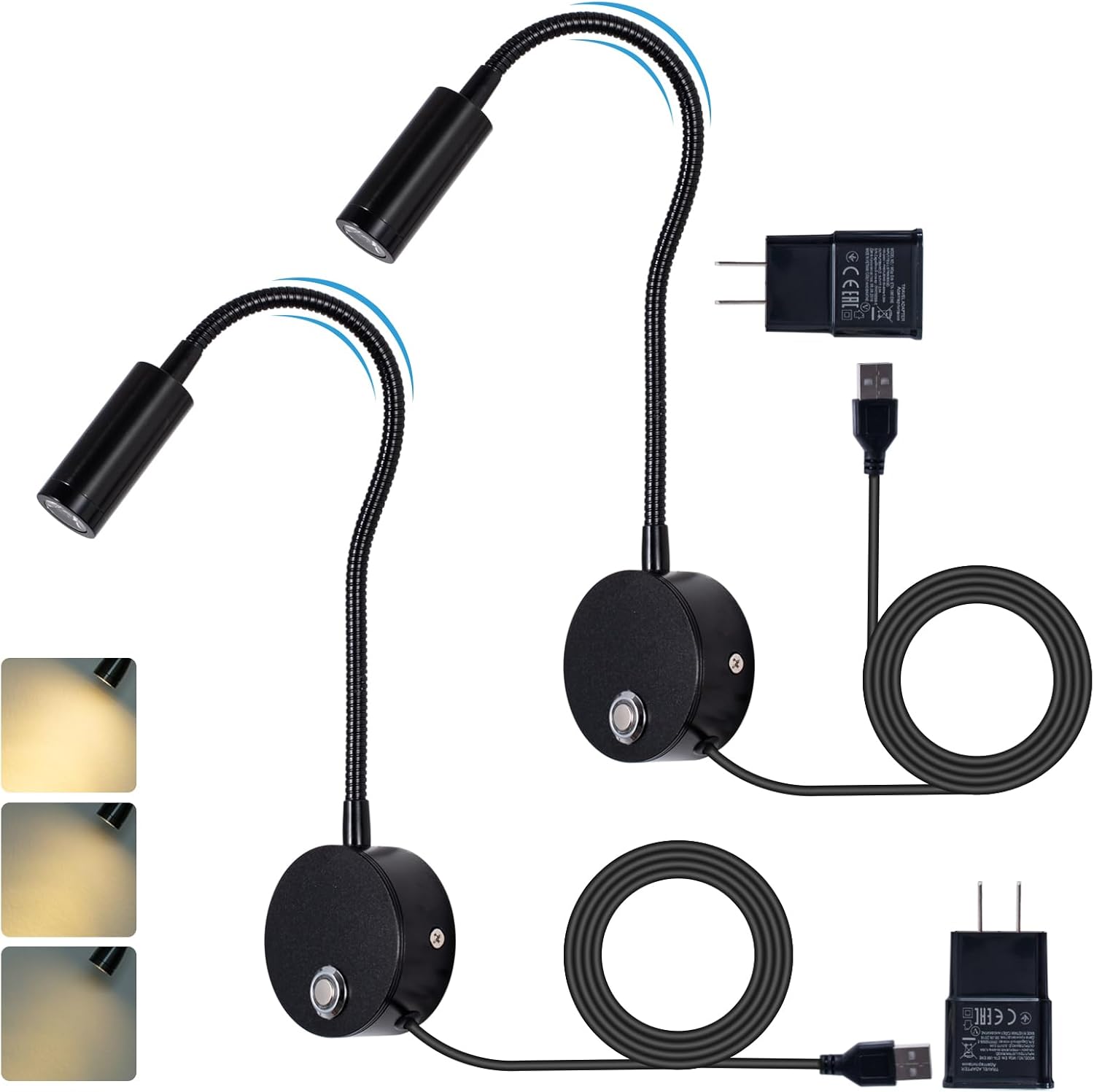 Nieadu Wall Mounted Reading Light 2 Pack, USB Plug-in Bedside Book ...