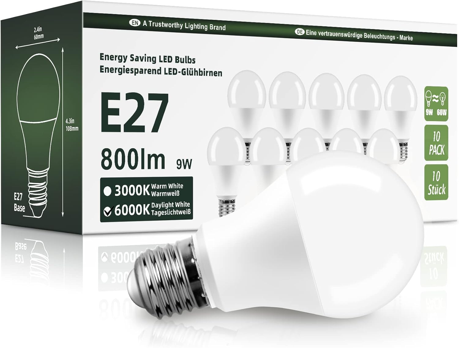 OGADA A60 LED Bulbs, Base Bulbs E27, 800 Lumens, 9W Equivalent to 80W ...
