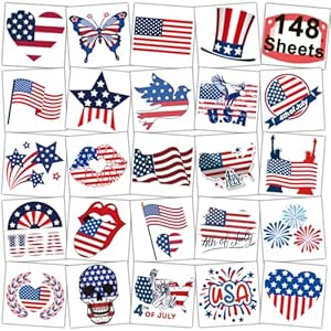 Amazon.com : CHARLENT 4th of July Temporary Tattoos - 148 Individually Sheets American Flag ...