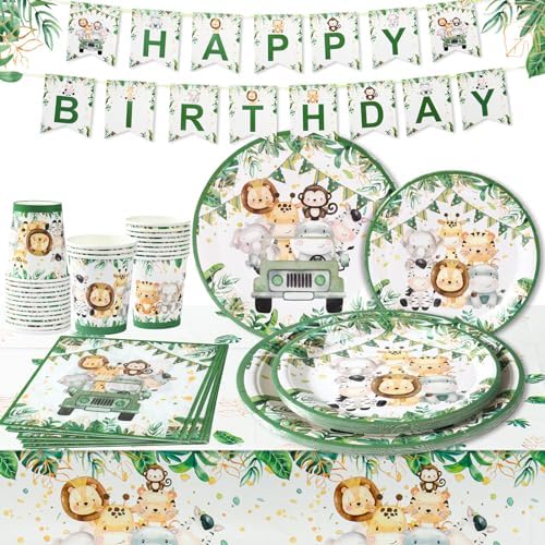Amazon.com: 96 Pcs Jungle Zoo theme Tableware Set Green Animals Theme ...