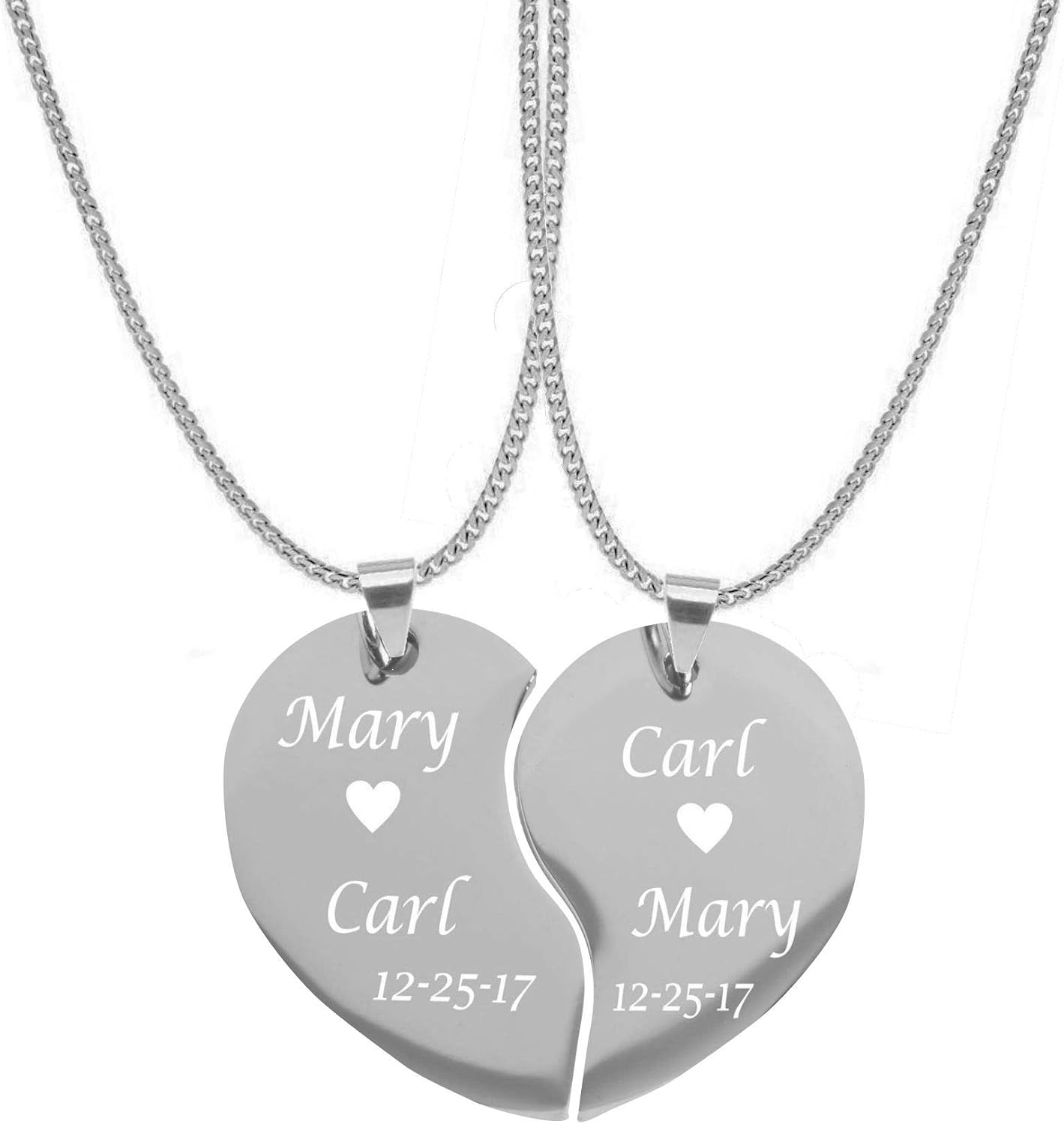 Personalized Silver Broken Heart Necklace Set Custom Engraved Free ...