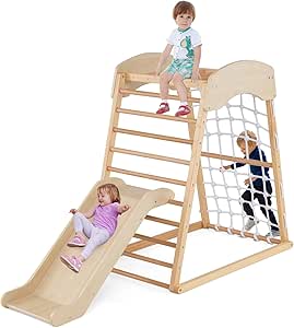 COSTWAY Toddler Climbing Frame, Wooden Montessori Play Gym with Slide ...