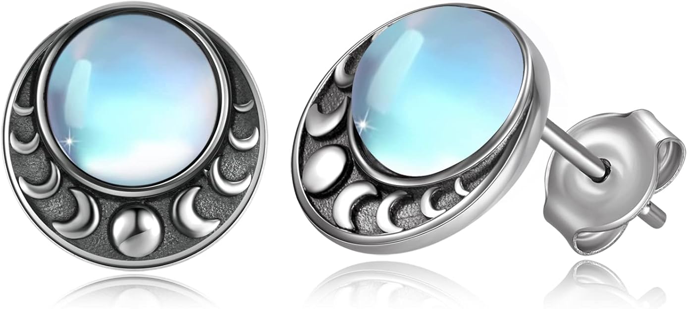 Amazon.com: Sterling Silver Moon Phase Stud Earrings - Moonstone Moon ...