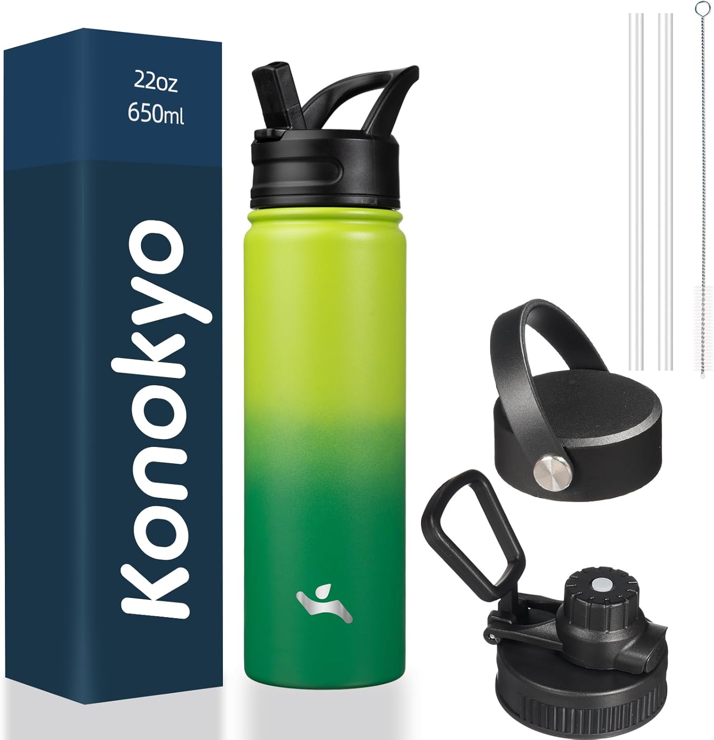 Amazon.com: Konokyo Insulated Water Bottle with Straw,22oz 3 Lids Metal ...