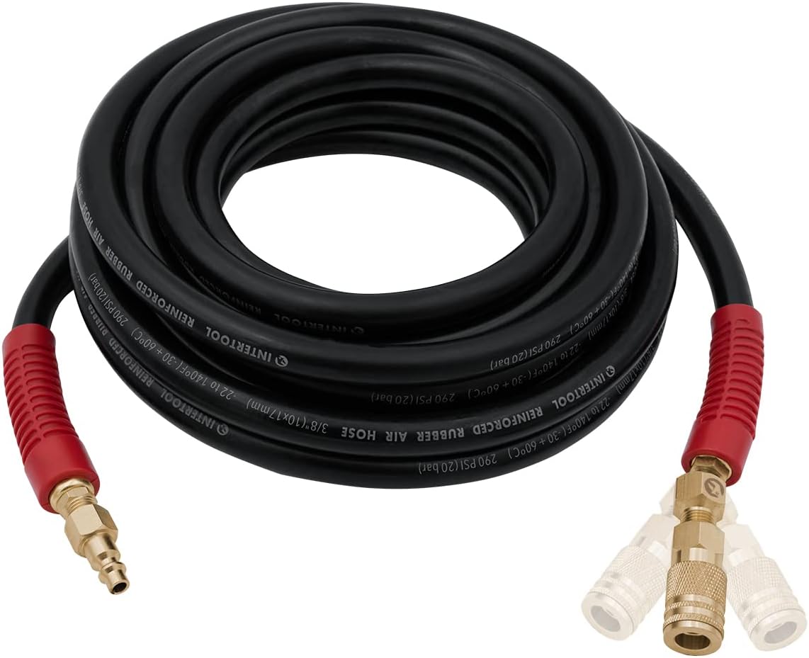 INTERTOOL 25 Feet Rubber Air Compressor Hose, 5/16” Diameter, All Purpose, Ultra-Durable ...