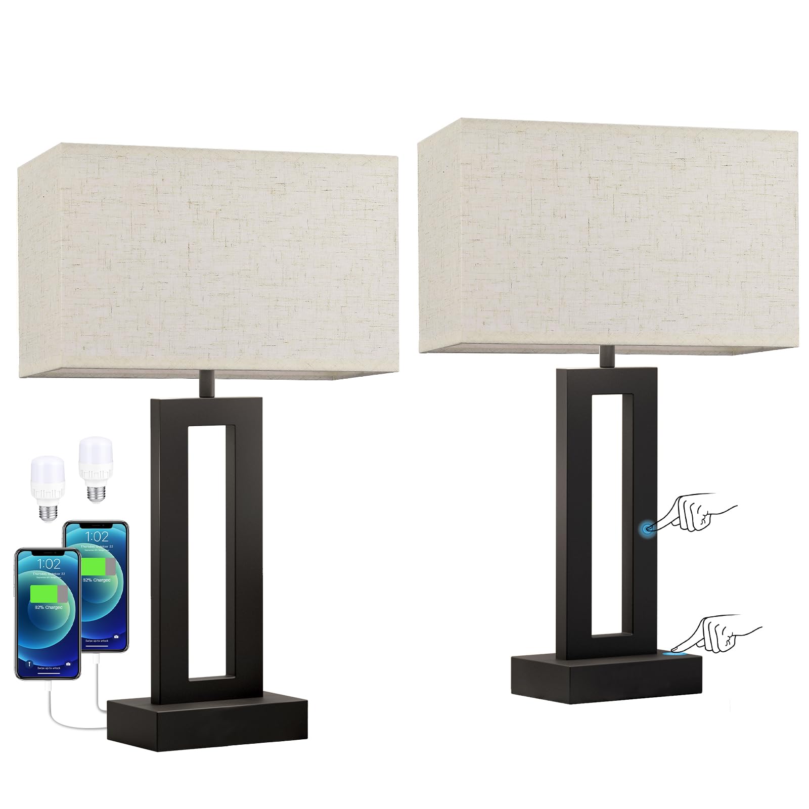 Nightstand Table Lamps for Bedrooms Set of 2 - Touch Bedside Lamp with ...