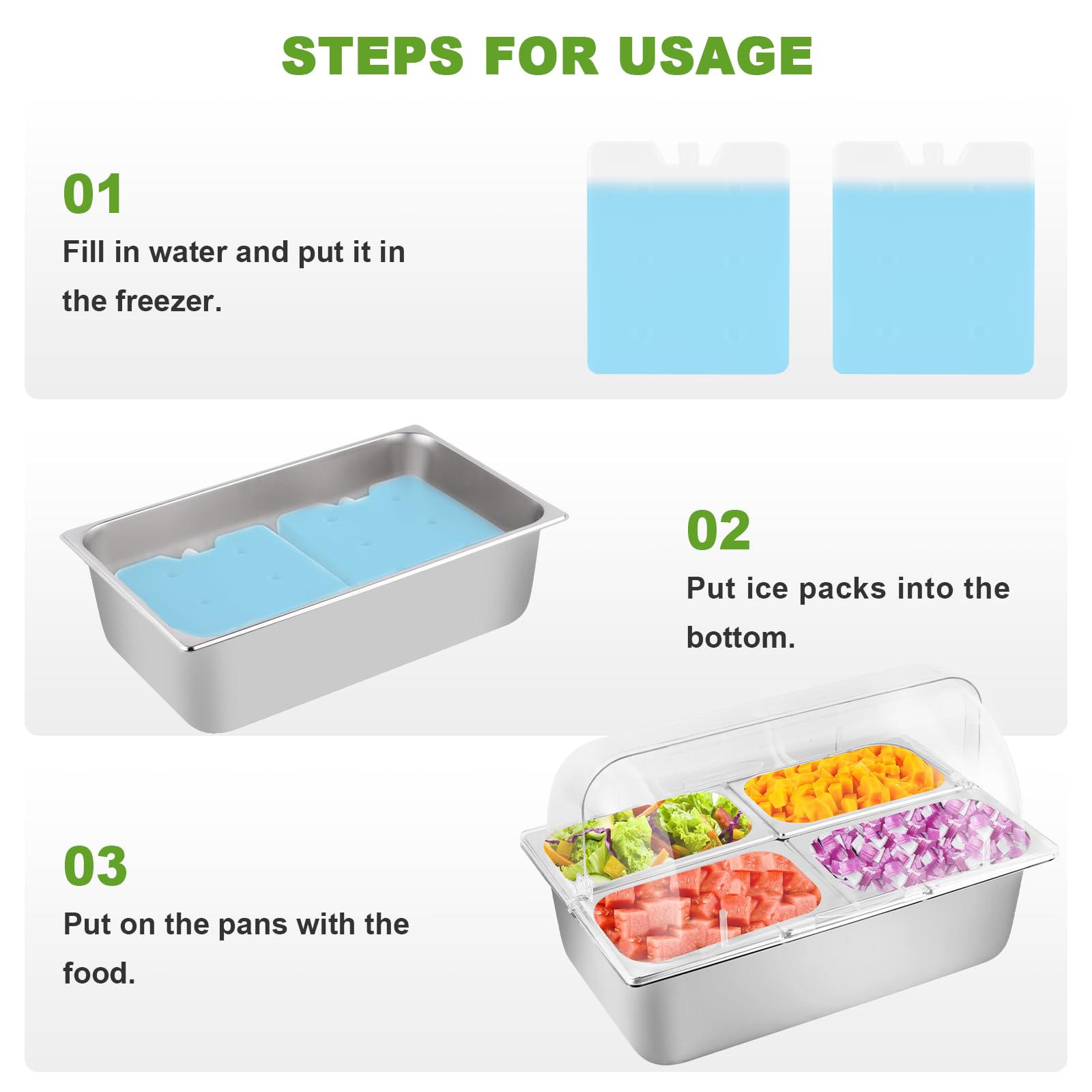 Snapklik.com : Cold Ice Food Serving Display Tray 4 Pans 2 Ice Packs w ...