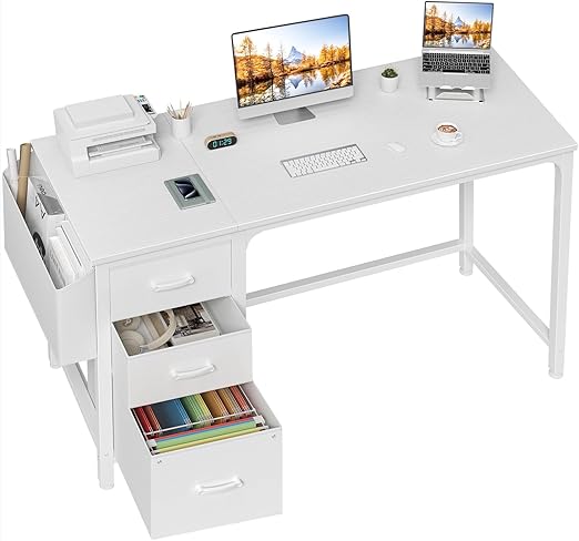 Amazon.com: Lufeiya White Computer Desk with Fabric File Drawers ...