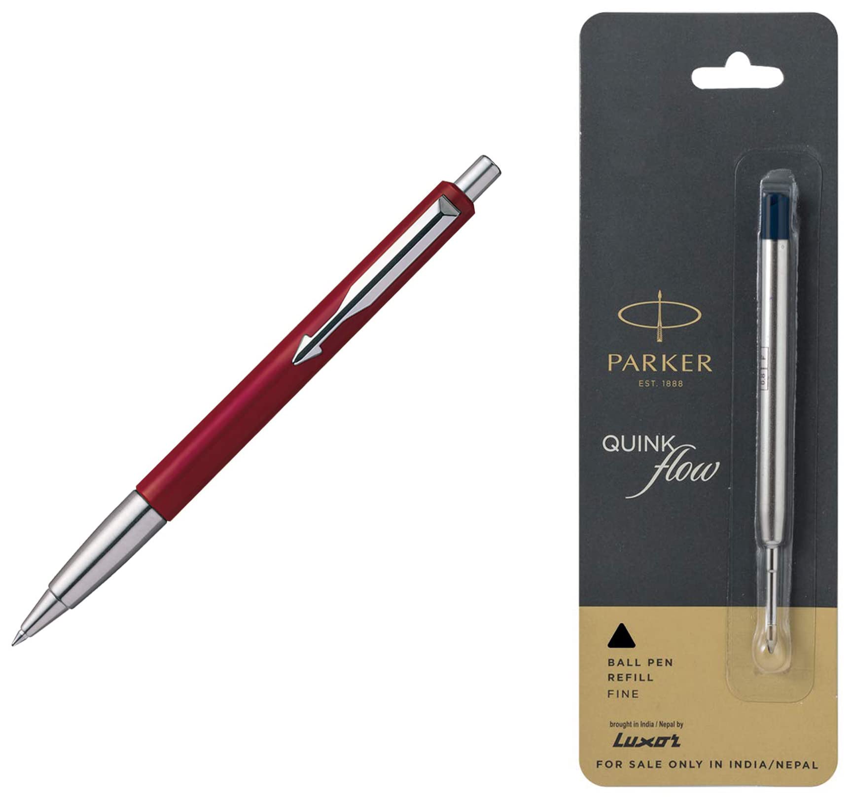 Parker Vector Standard Chrome Trim Ball Pen, Red Body & Parker Quink ...