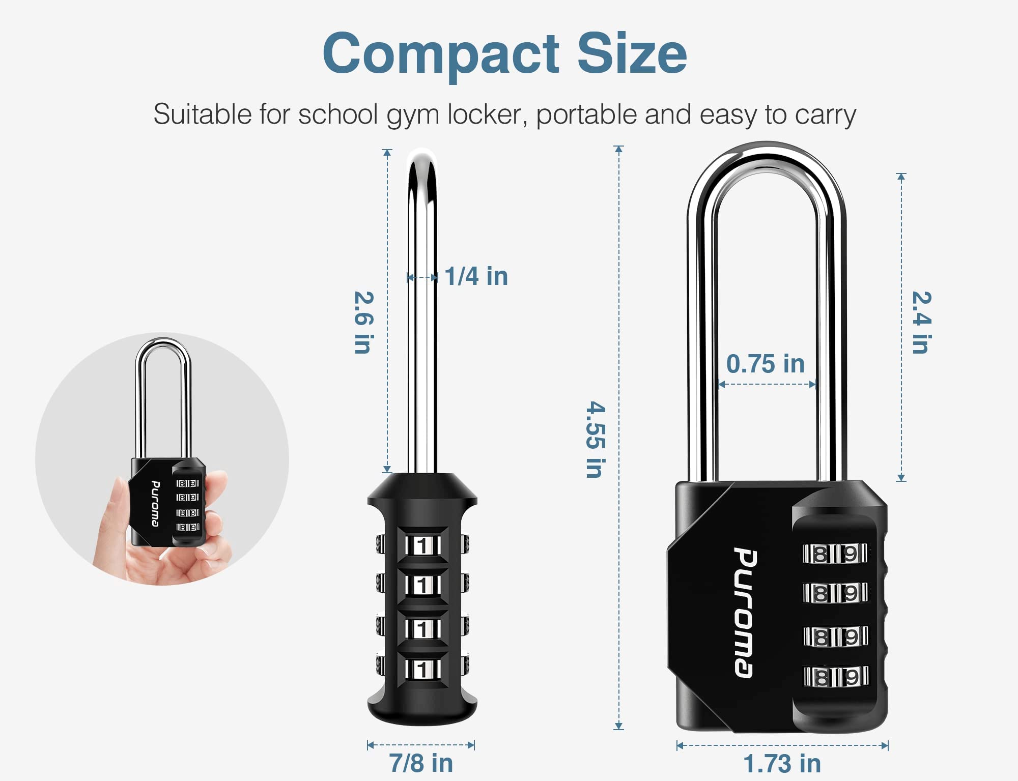 Snapklik.com : Puroma 1 Pack 2.6 Inch Long Shackle Combination Lock 4 ...