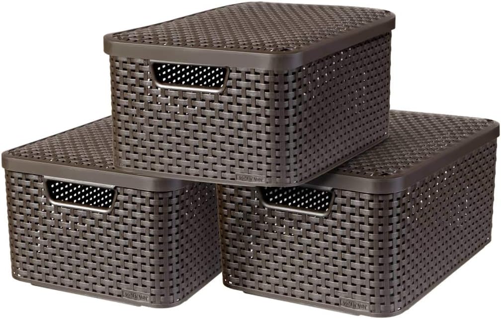 Curver |Set of 3 Style M Storage Bins + Lids, Dark Brown, Plastic ...