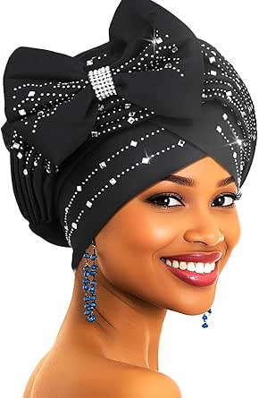 Amazon.com: Woeoe African Gele Turbans Black Rhinestones Head Wraps Bow ...