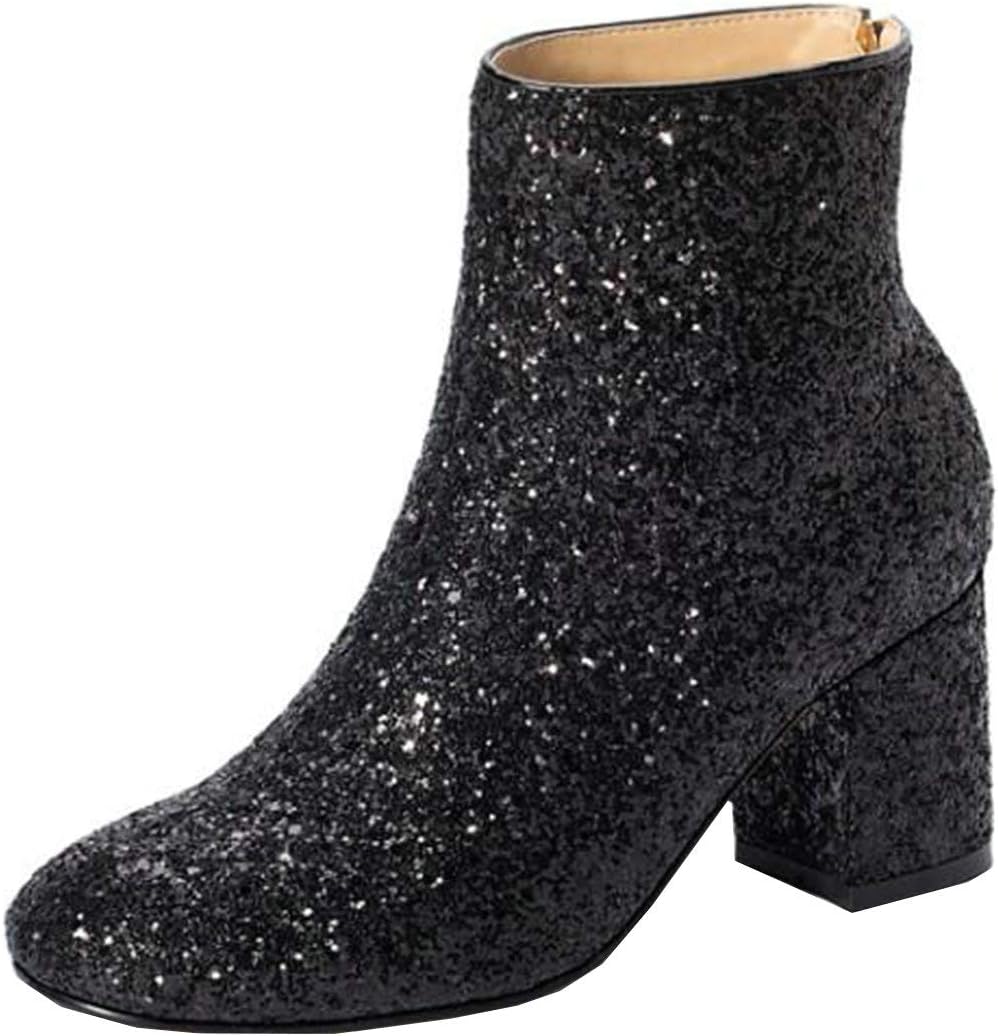 SHEMEE Women's Sequin Glitter Ankle Boots Chunky Heeled Zip High Heel ...