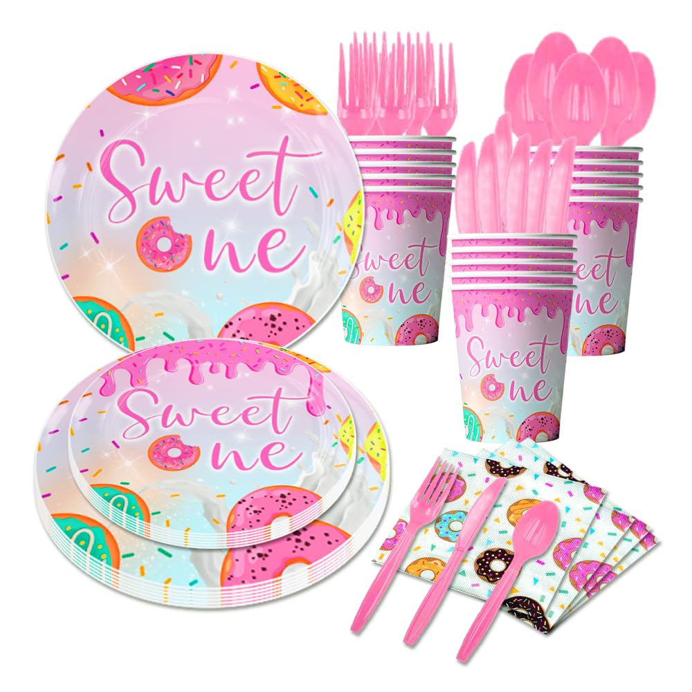 Amazon.com: Cunxi Donut Sweet One Birthday Party Decorations Tableware Girl - Pink Donut First ...