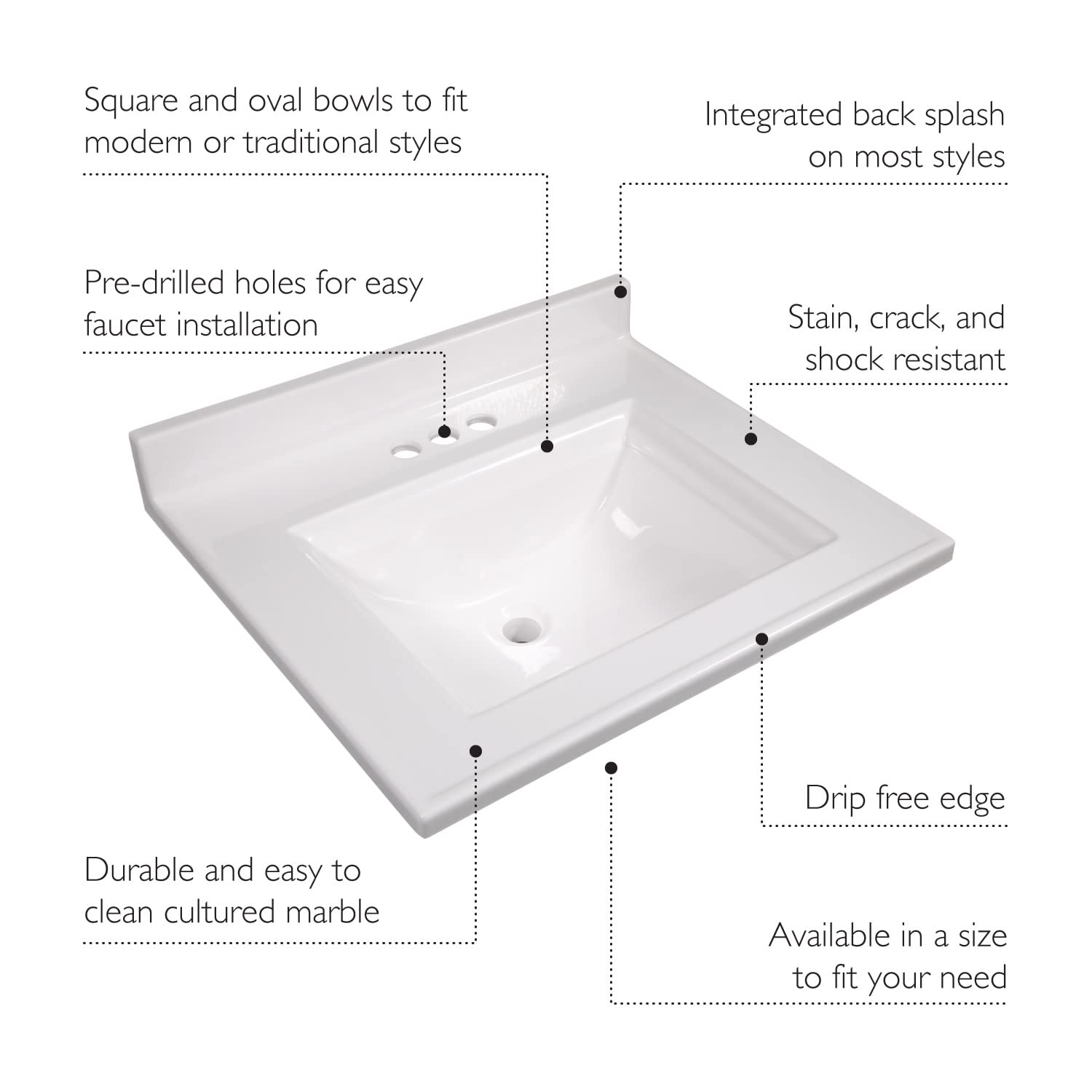 Design House 557629-WHT 25-inch Camilla Cultured Marble Centerset Mount ...