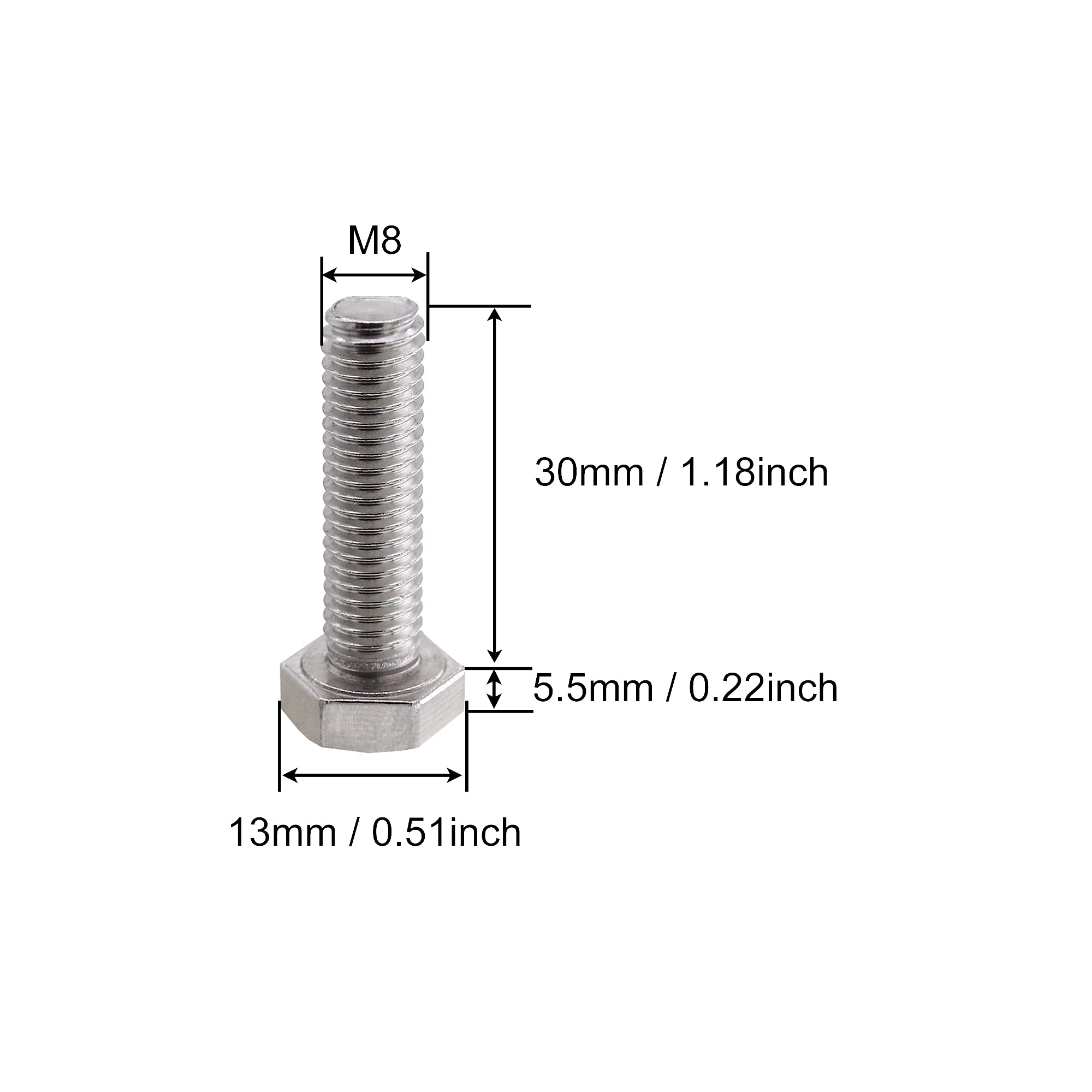Snapklik.com : M8 Hex Head Bolt Screw, M8-1.25 X 30mm Stainless Steel ...