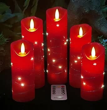 Red LED candle with built-in fairy lights, 5 LED candle with 10-button ...