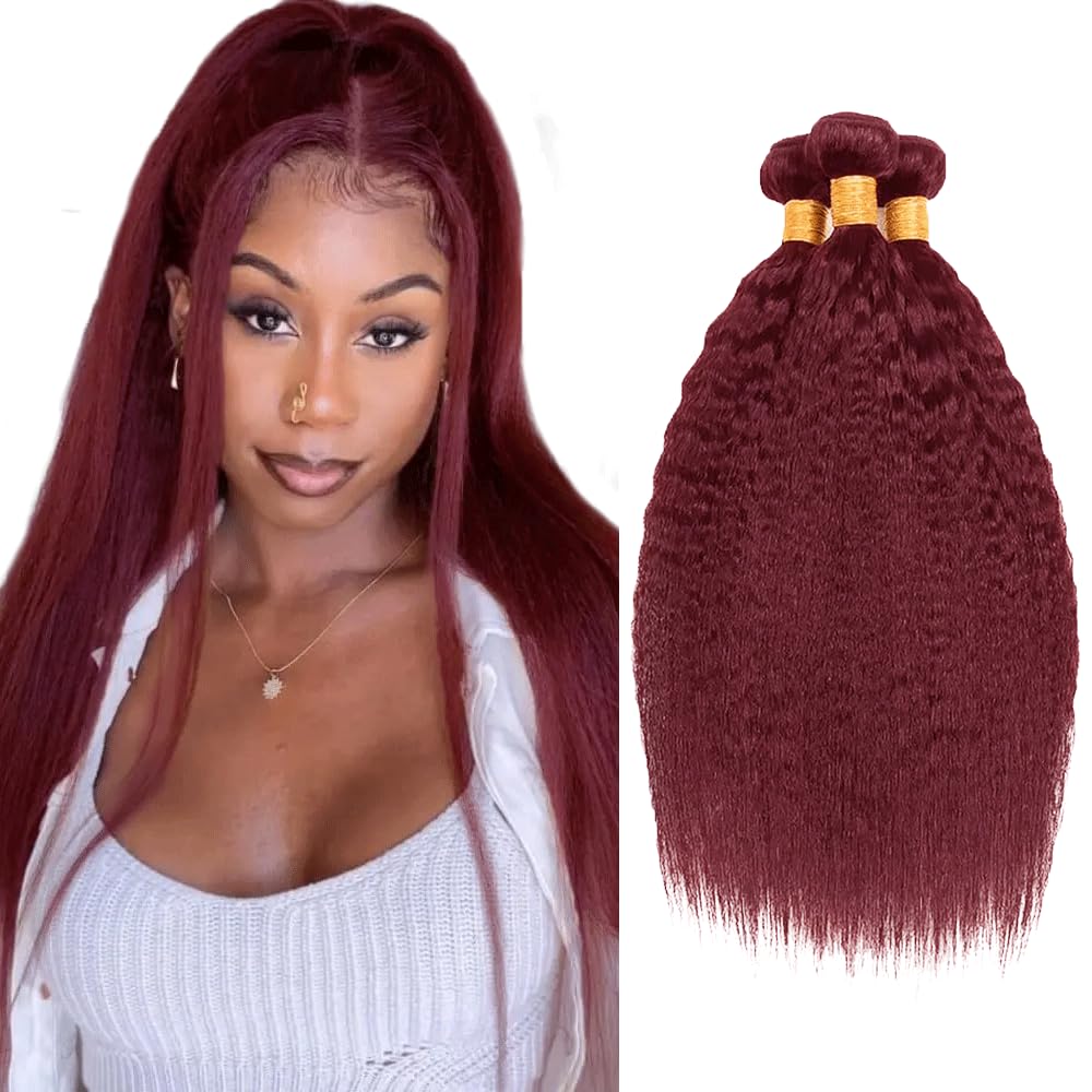 Amazon.com : Burgundy Bundle 99J Yaki Straight Human Hair Bundles Wine Red Organique Breezy 3 ...