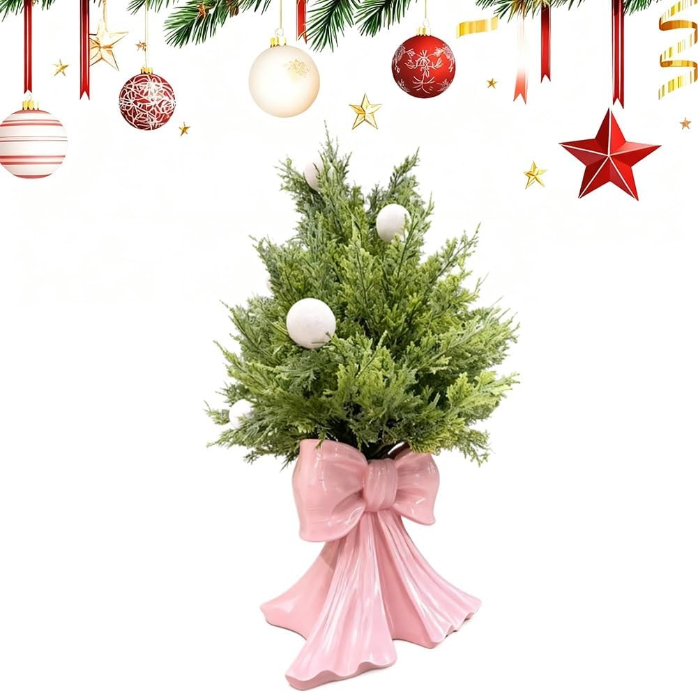 Amazon.com: Bow Christmas Tree, Artificial Mini Xmas Trees in Pink Bow ...