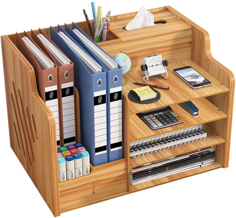 NUODWELL Wooden Desktop Organiser, Large Capacity Desk File Organiser ...