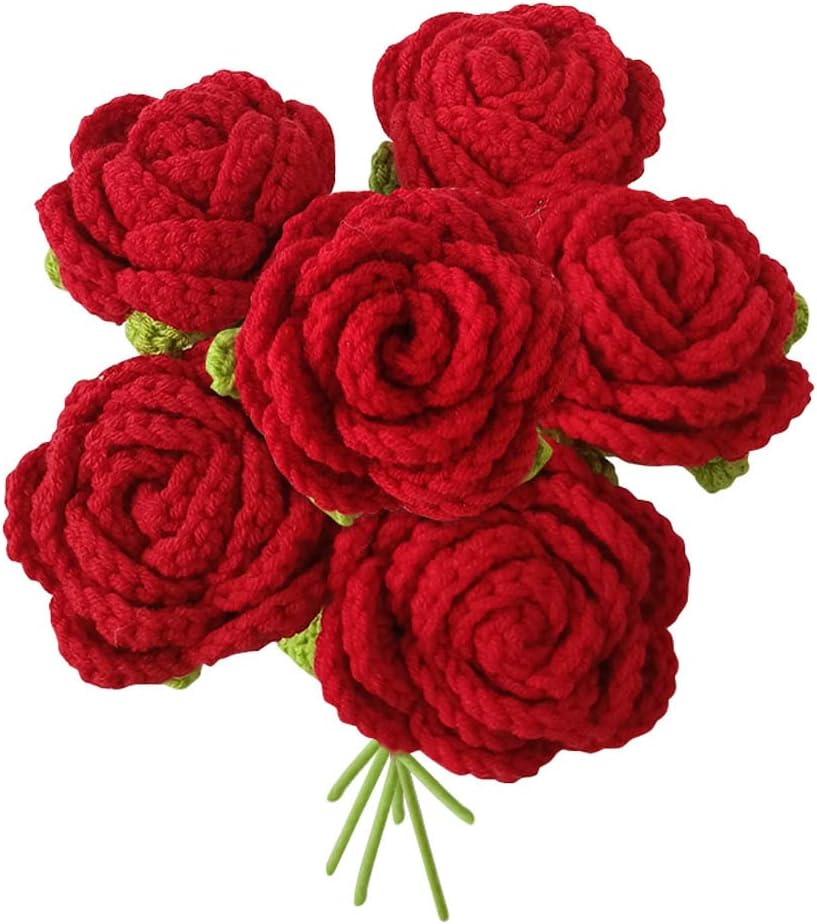 JOONOR 6PCS Hand-Woven Roses,Knitting Crochet Flower Bouquet,Crochet ...