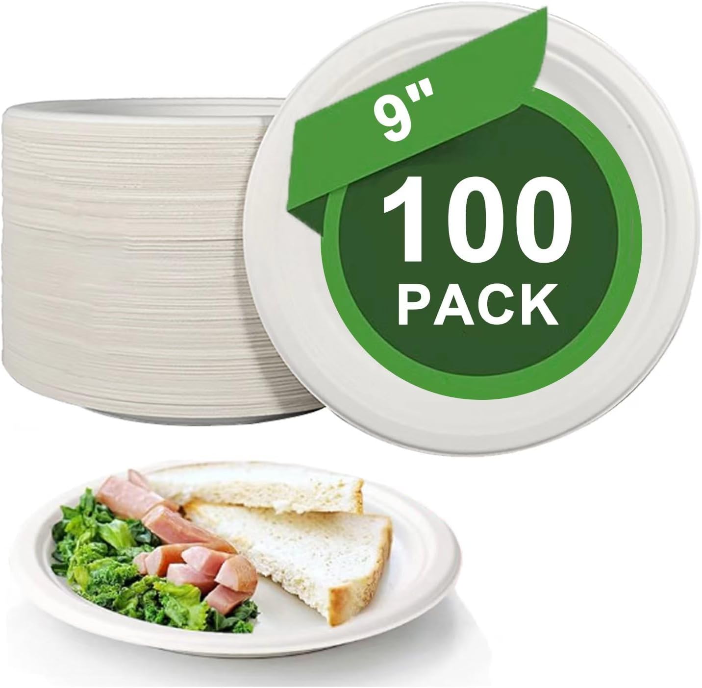 Disposable Paper Plates 9 Inch Sugarcane Bagasse, 100% Compostable ...