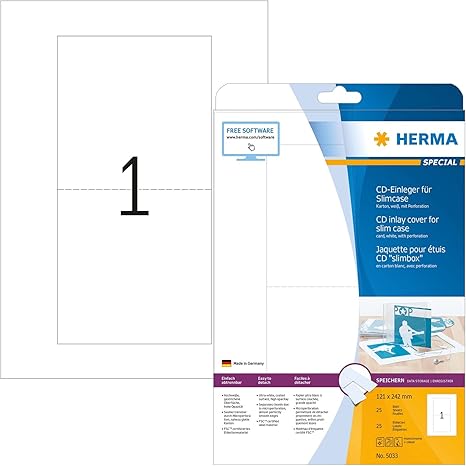 HERMA CD Case Inserts For Slim Cases, 1 Insert Per A4 Sheet, 25 Inserts ...