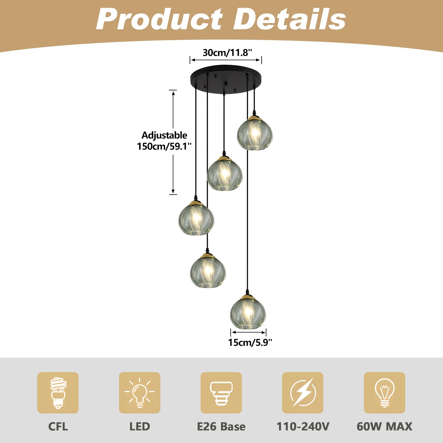 Snapklik.com : KCO Lighting 5 Light Cluster Pendant Lighting Black ...