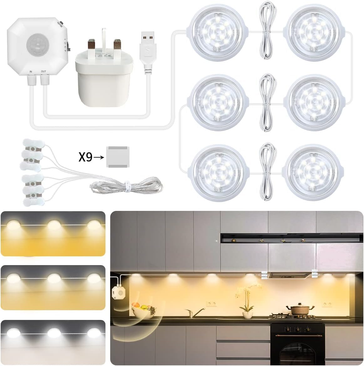 HORYLIT Motion Sensor Lights Indoor, Under Cabinet Kitchen Lights White ...