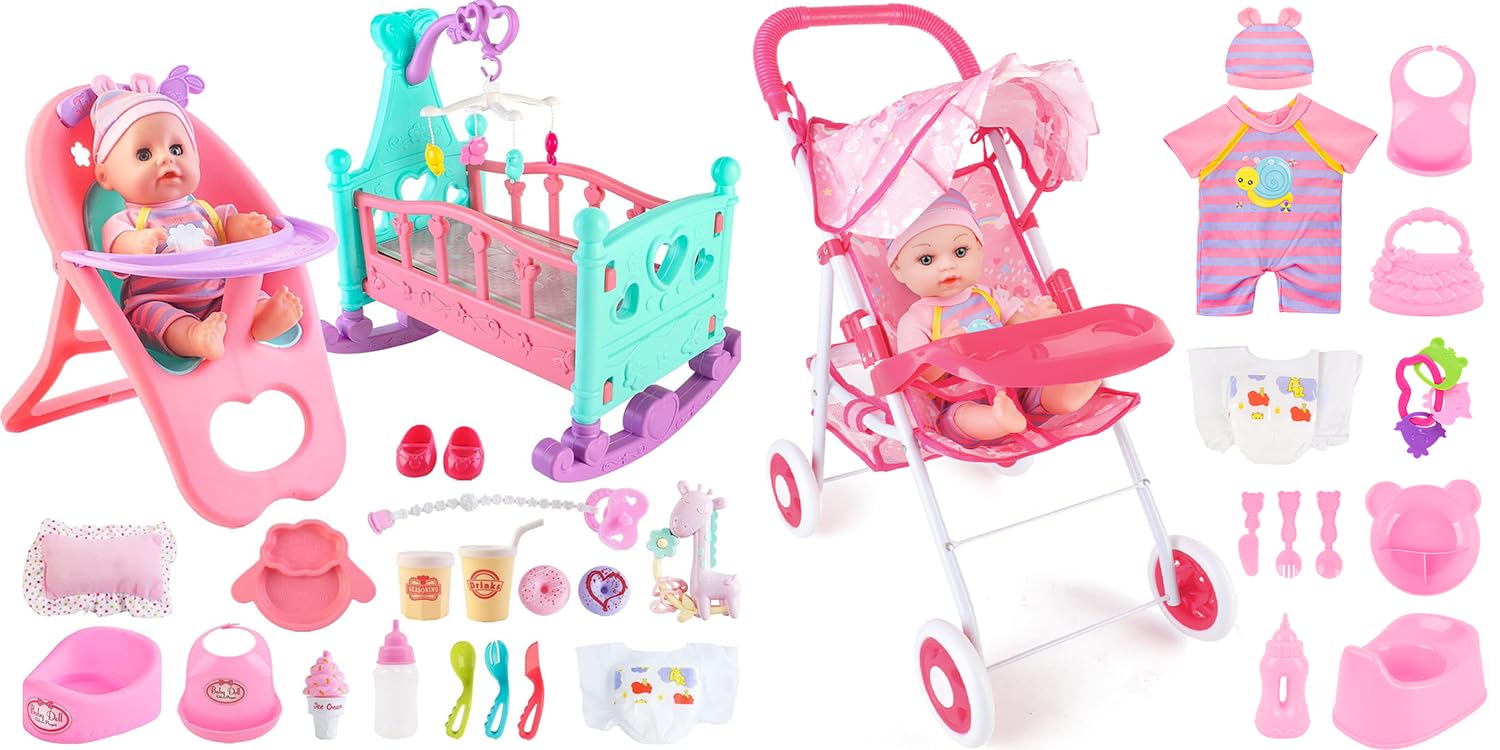 Amazon.com: deAO Baby Doll Set with Crib Bed High Chair Stroller Baby ...