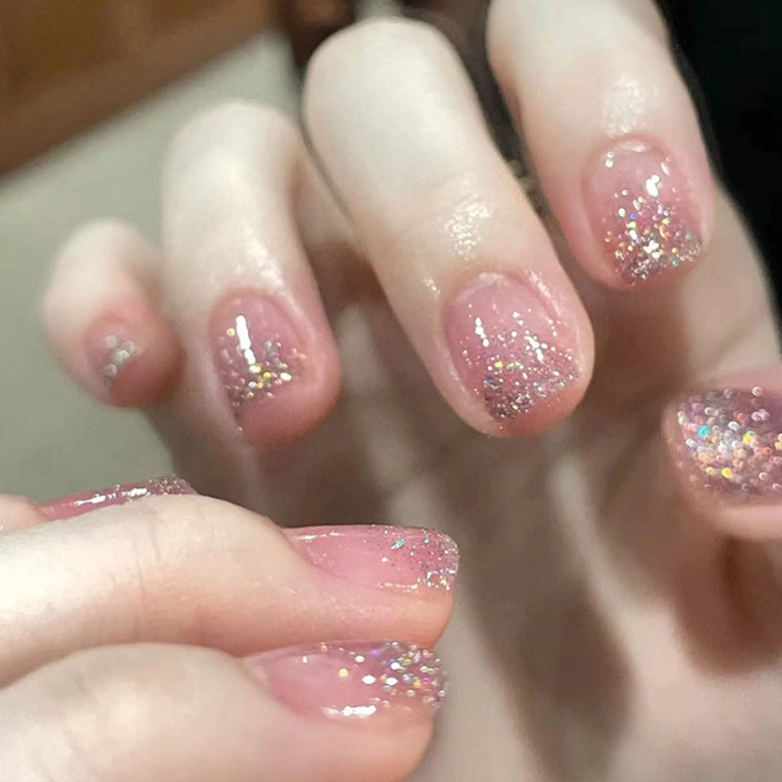 Amazon.com: Hkanlre Short Fake Nails Bling Press on Nails Pink Fake ...