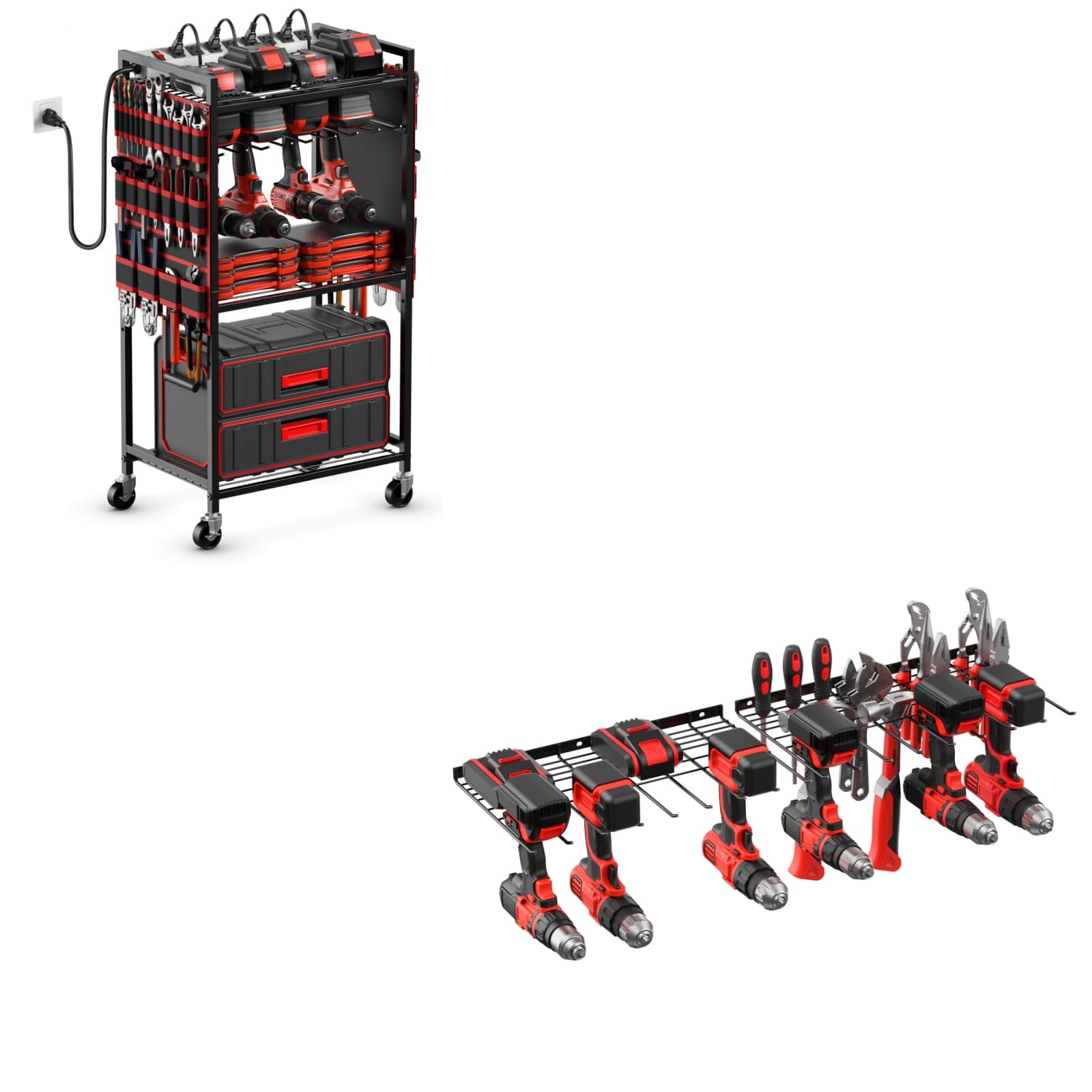 JUNNUJ Large Power Tool Organizer Cart with Charging Station+JUNNUJ 2 ...