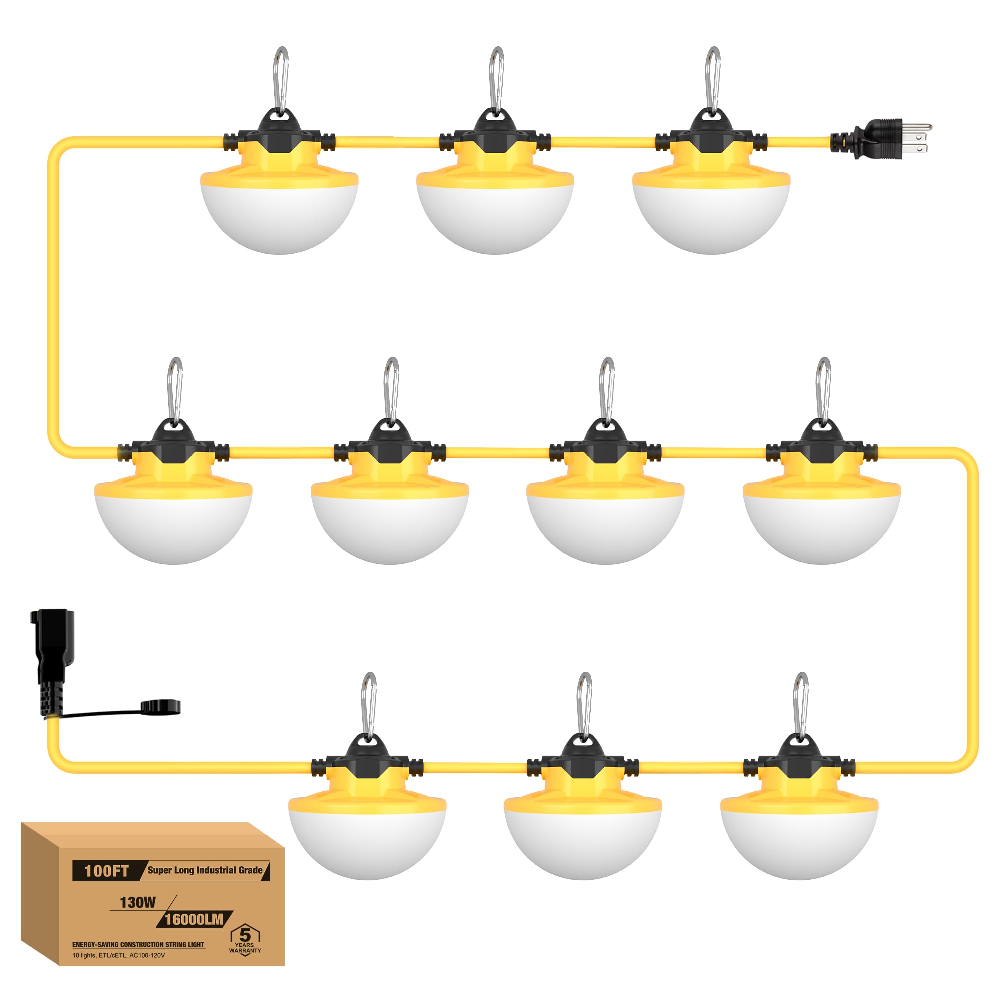 130W 16000LM 3Pong Construction Lights String 100FT Industrial LED ...