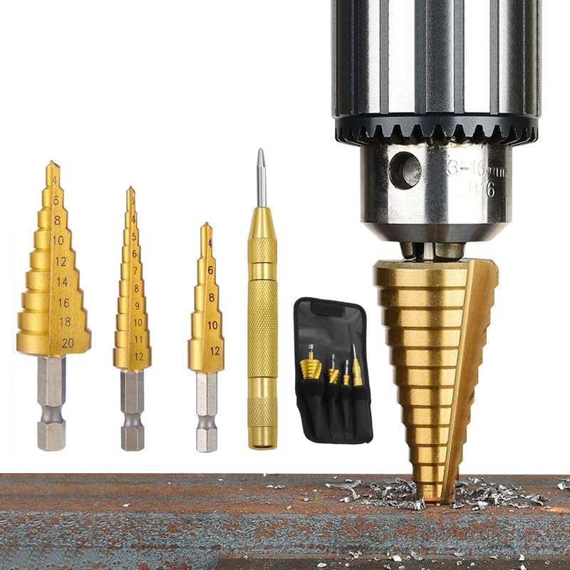 4PC Step Drill Bit Set,Titanium Coated Drill Bit, Hex Shank Quick ...