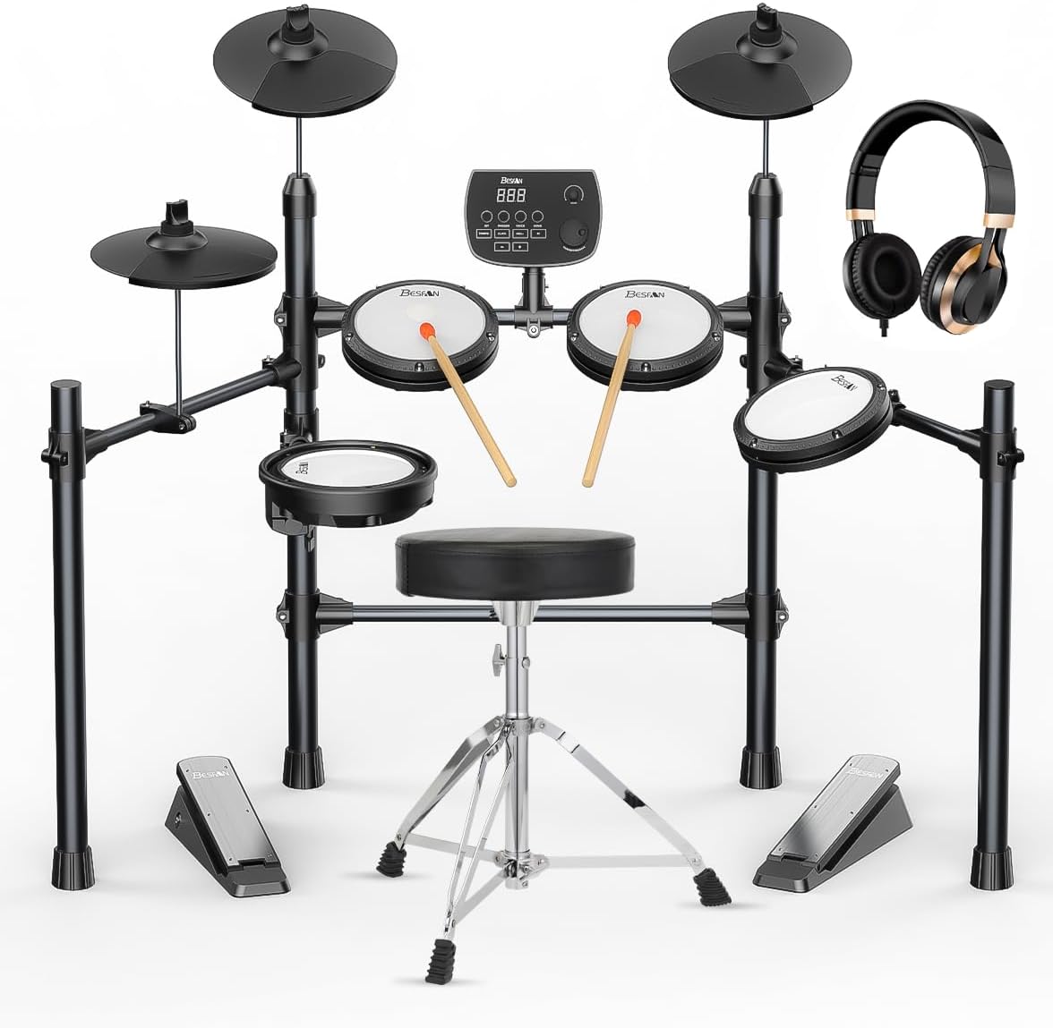 Amazon.com: BESFAN Electric Drum Set with Quiet Mesh Pads, 5 Drums, 3 ...