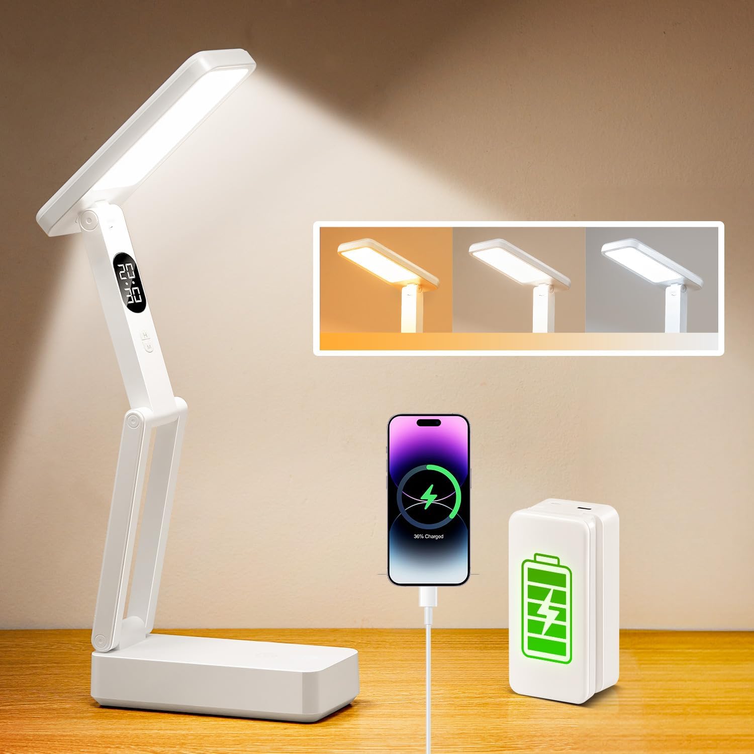Small Desk Lamp,10000mAh Battery Operated Lamp,3 Colors+Dimmable Desk ...