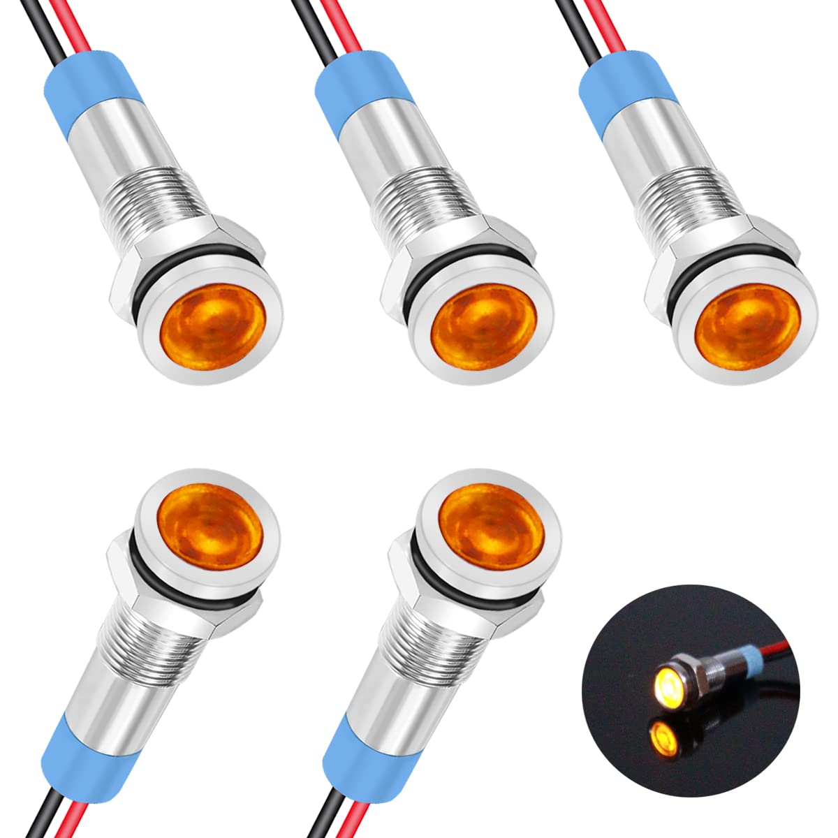 smseace 5PCS Yellow AC/DC12-24V LED Indicator Lights 1/4‘’(6mm ...