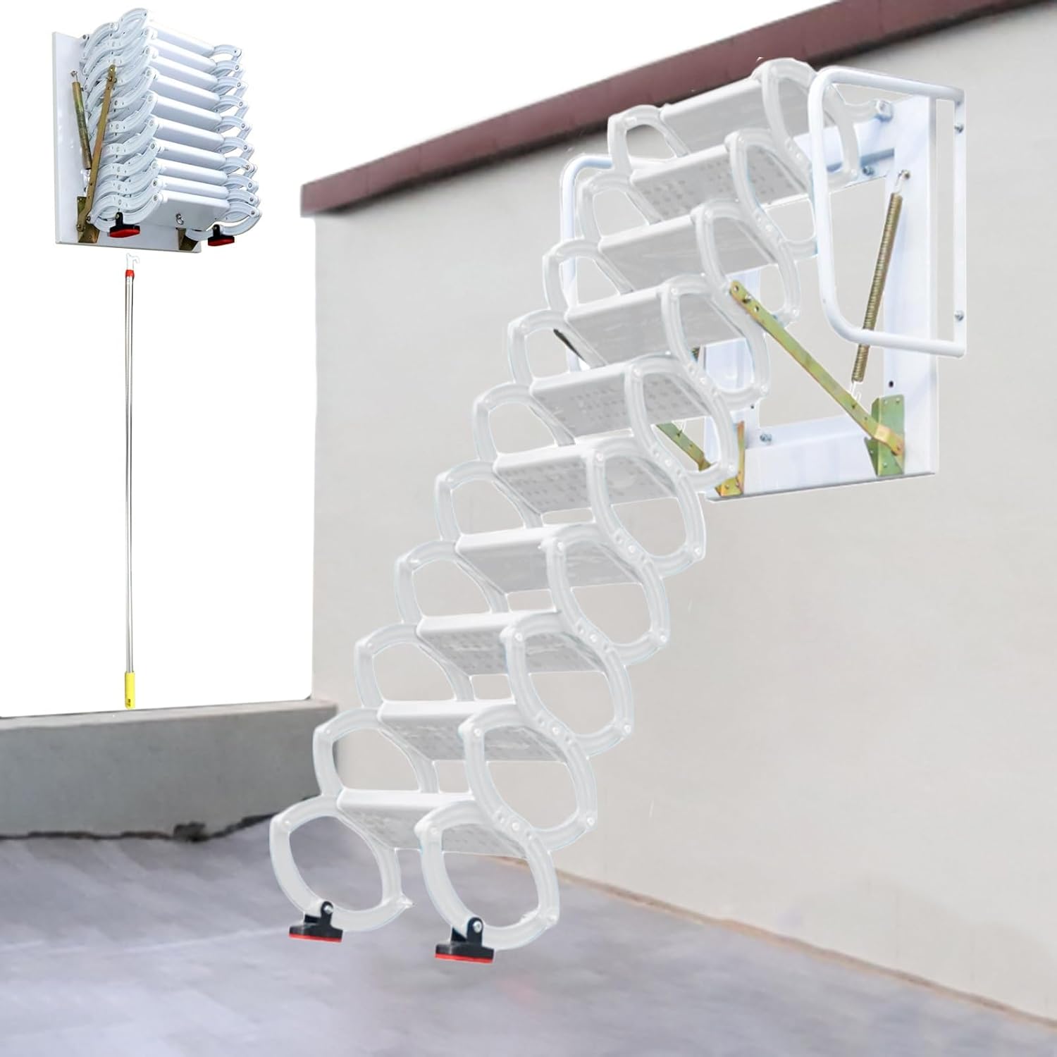 White Attic Pull Down Stair Ladder, Courtyard Wall Ladder with Handrail ...