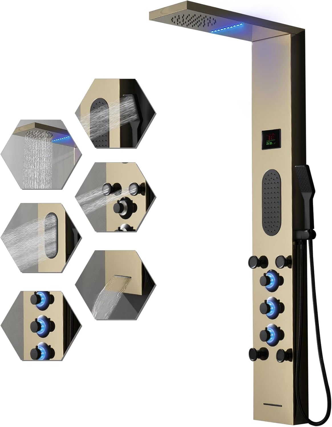 BWE Polished Gold LED Shower Tower Bathroom Shower Panel System with ...