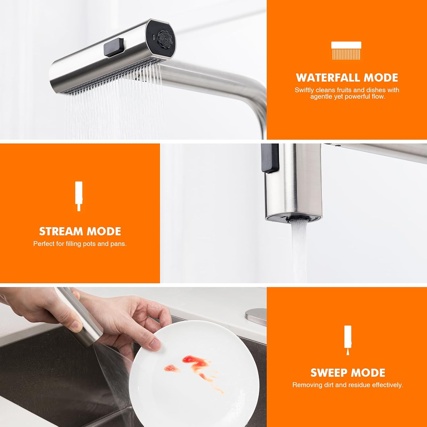 Ibergrif Waterfall Kitchen Faucet with Pull Down Sprayer, Brushed ...