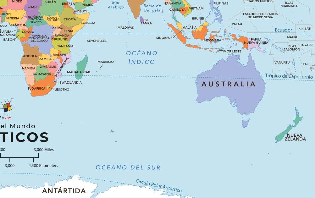 Mapa mundial con países en español ( 36 W x Chile | Ubuy
