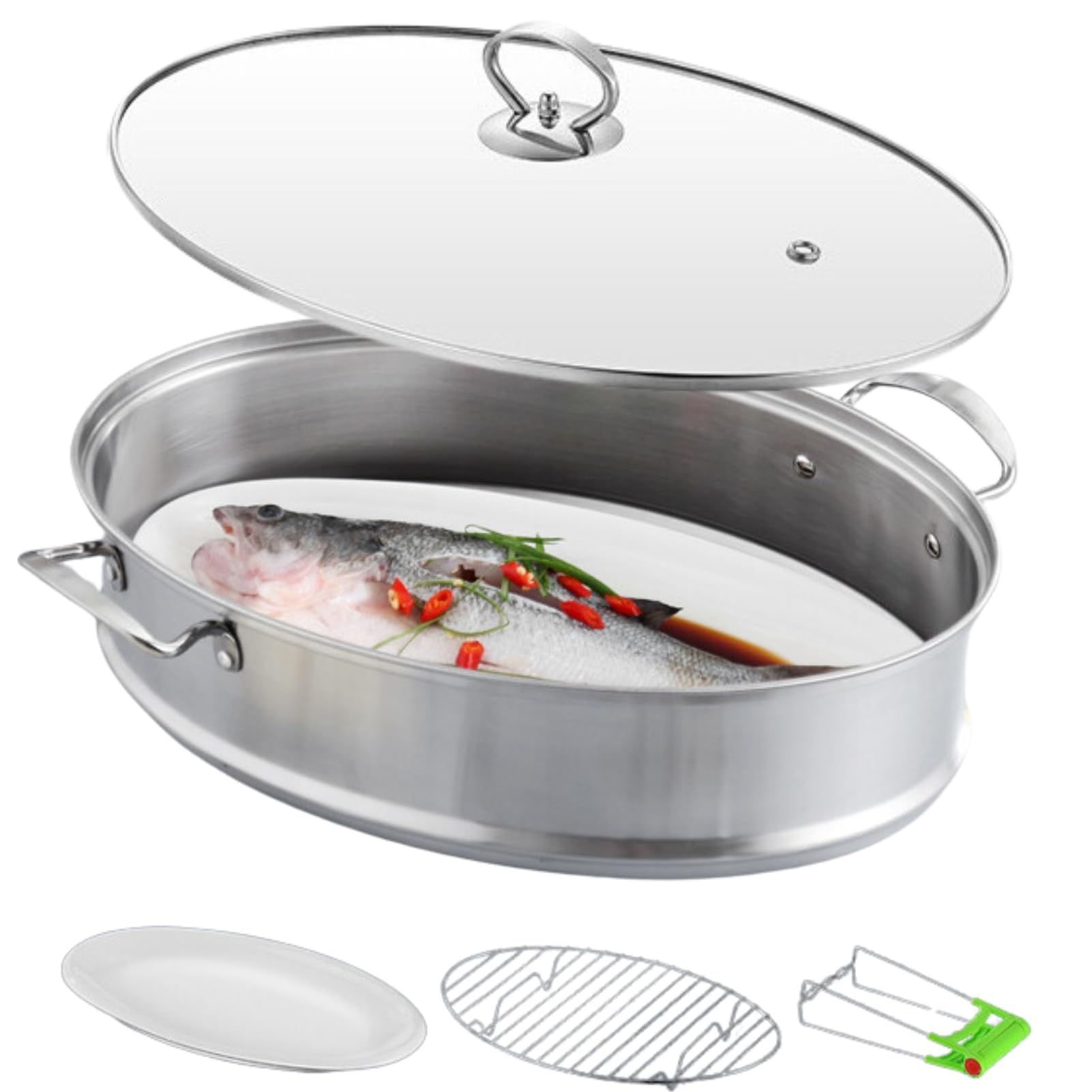 Amazon.com: Bokknppo Stainless Steel Fish Steamer Oval Steamer Pot Rack ...