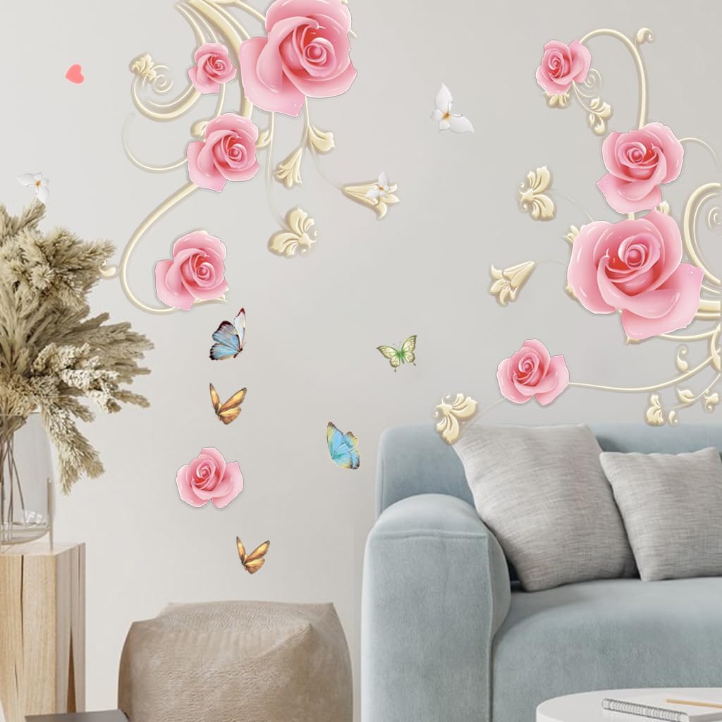Amazon.com: PinkEleph Multi Rose Flower Wall Stickers - Green Plants ...