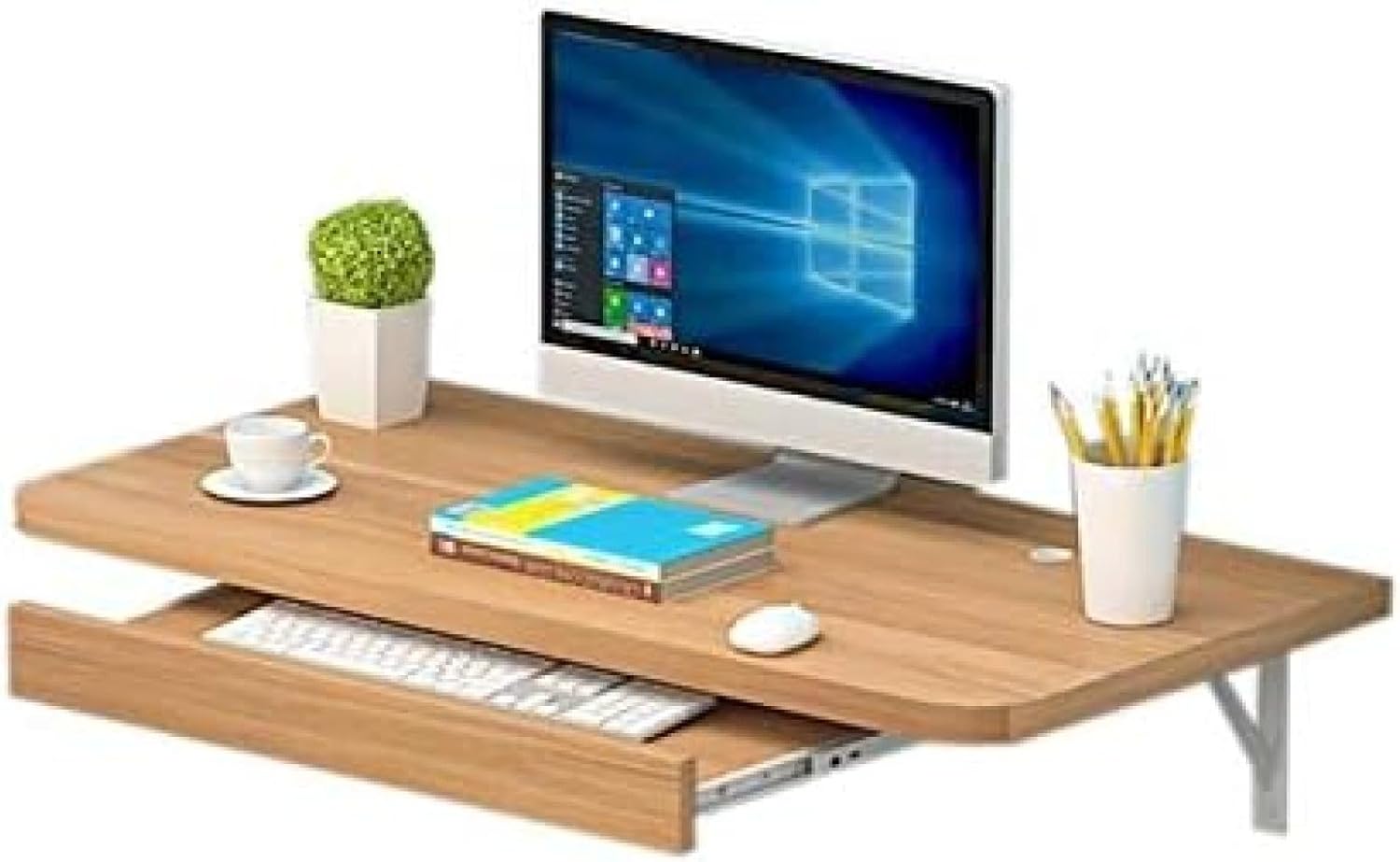 Wall-mounted Computer Desk With Keyboard Tray, Wood Wall Hanging Desk ...