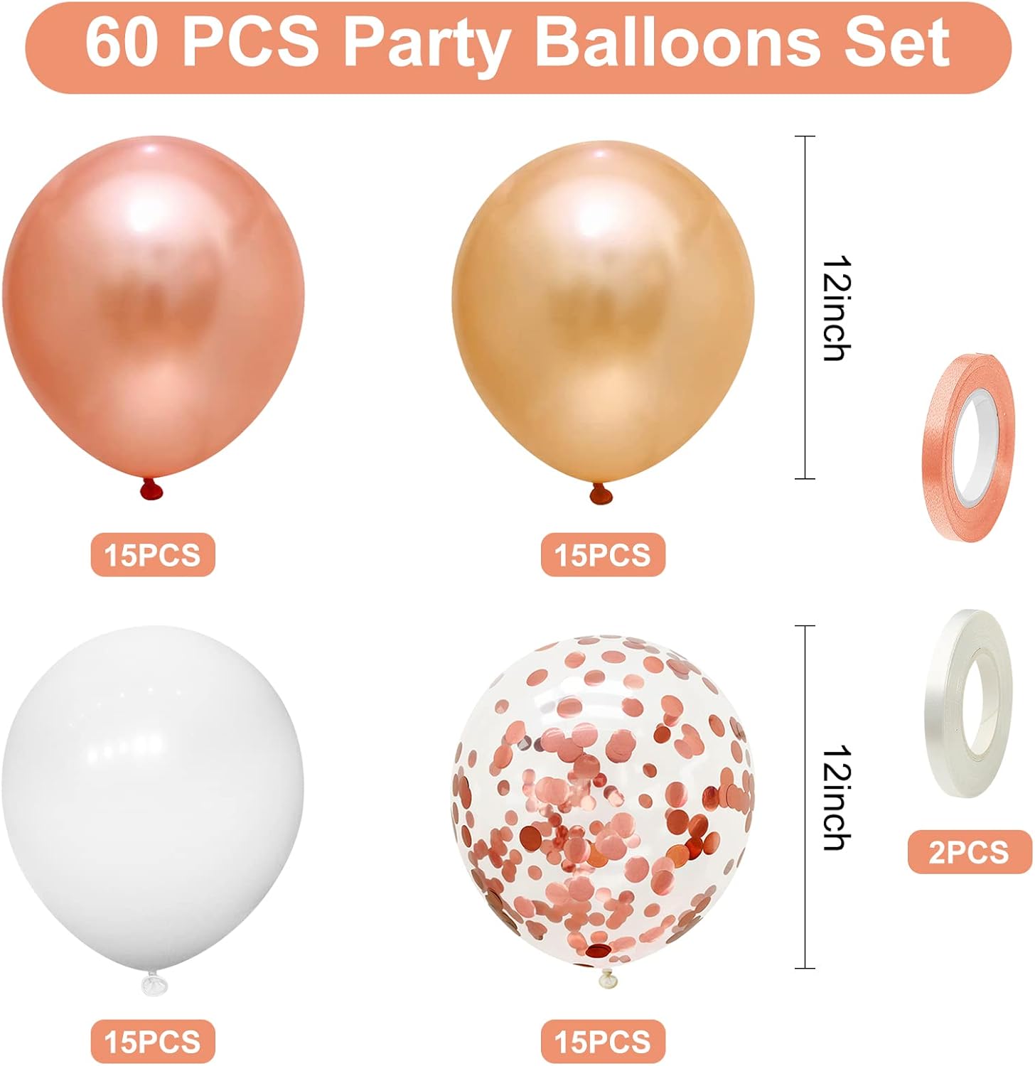 Rose Gold Balloons Set, 60 Pcs 12 Inch Rose Gold Champagne Gold White ...