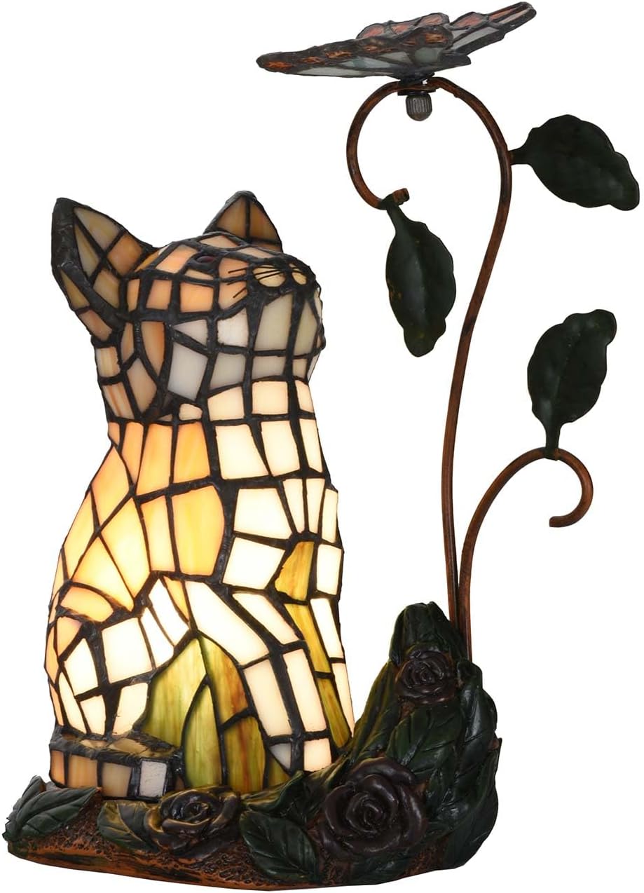 Bieye L10891 Tiffany-Style Stained Glass Cat Accent Table Lamp ...